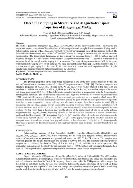 Effect Of Cr Doping In Structure And Magneto Transport Properties Of La067 Sr033mno3 Pdf