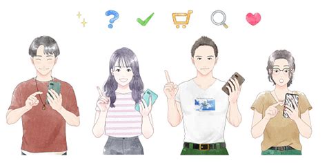 스마트 폰을 운영하는 남성과 여성 그룹의 그림 수채화 터치 쇼핑에 대한 스톡 벡터 아트 및 기타 이미지 쇼핑 일본 Brand Name Smart Phone Istock