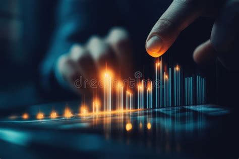 finger interacting with glowing digital data bars stock illustration