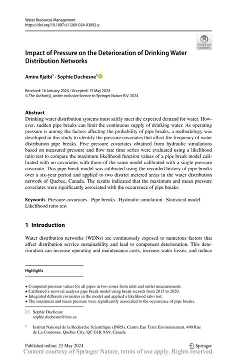 Impact Of Pressure On The Deterioration Of Drinking Water Distribution