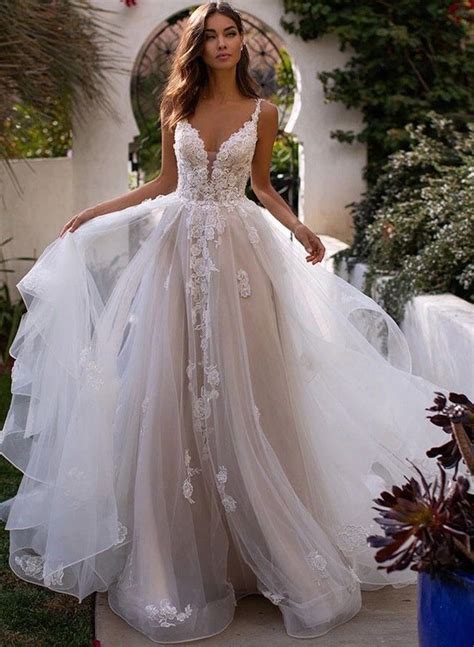Princess Lace V Neck Backless Wedding Dresses With Cascading Ruffles