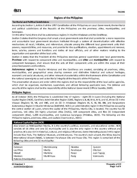 03 Handout 1 Knowledge 03 Handout 1 Property Of Sti Regions Of The Philippines Territorial