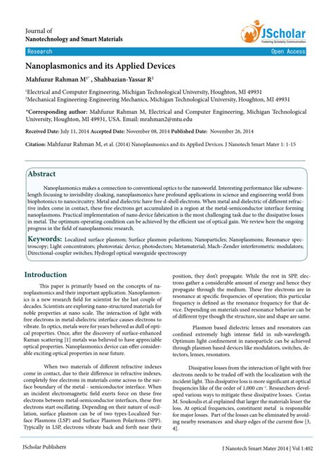 pdf nanoplasmonics and its applied devices