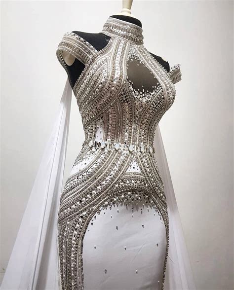 Here Is An Amazing Beaded Evening Gown The Silver Beads On The White