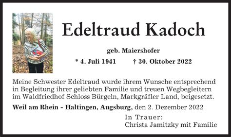 Traueranzeigen Von Edeltraud Kadoch Augsburger Allgemeine Zeitung