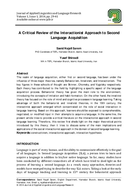 Pdf A Critical Review Of The Interactionist Approach To Second Language Acquisition