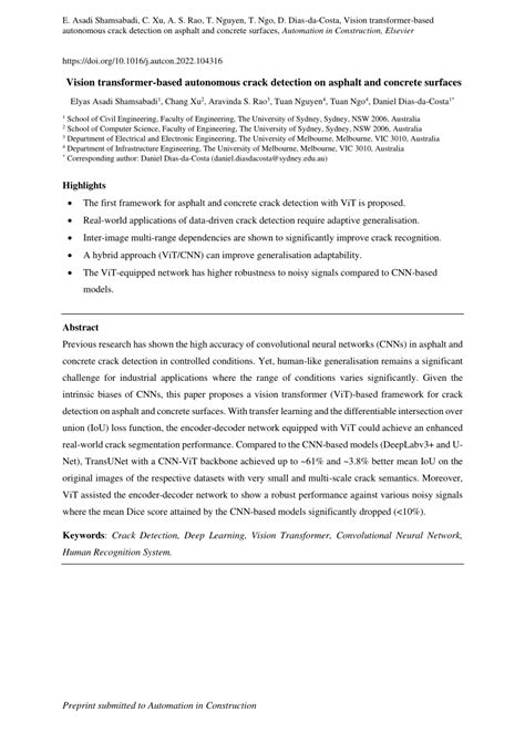 Pdf Vision Transformer Based Autonomous Crack Detection On Asphalt