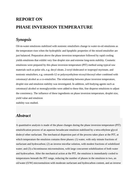 Report On Phase Inversion Temperature Pdf Emulsion Surfactant