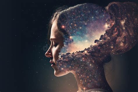 Universe And Galaxy Inside Woman Brain Double Exposure Meditative Mind