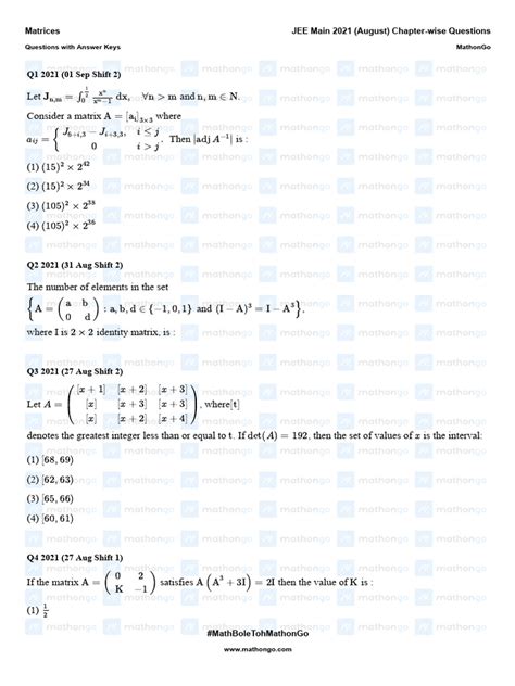 Matrices Jee Main 2021 August Chapter Wise Mathongo Pdf Matrix