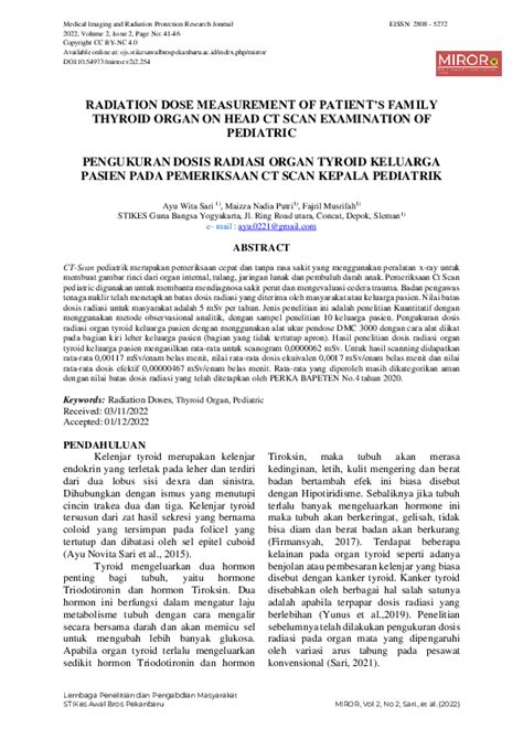 Pdf Pengukuran Dosis Radiasi Organ Tyroid Keluarga Pasien Pada