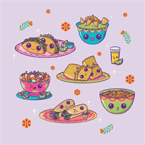 Conjunto De Comida Mexicana Cute Kawaii Vetor Premium