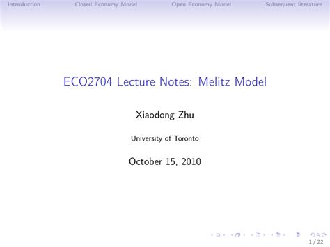 Melitz Model Lecture Notes Open And Closed Economies