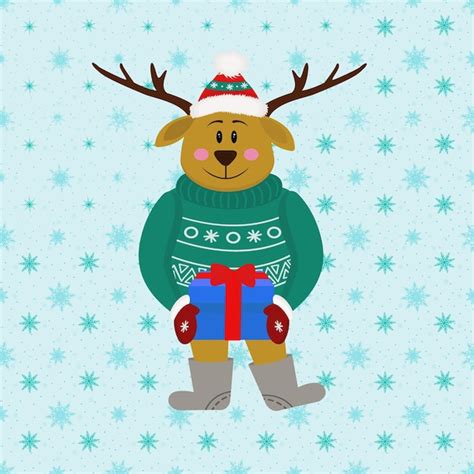 Premium Vector Cute Deer With Big Horns And A Green Sweater On A Blue Background Cute Deer