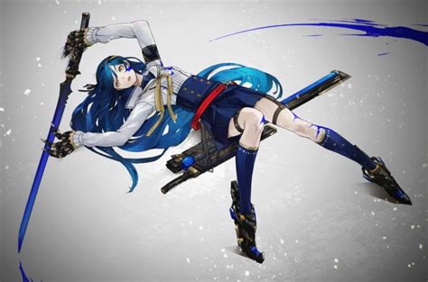 Armor Blue Hair Boots Gloves Gradient Headdress Kneehighs Long