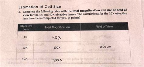 Solved Estimation Of Cell Size 4 Complete The Following Table With
