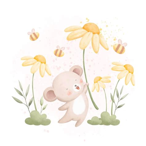 Premium Vector Watercolor Illustration Cute Mouse And Spring Flowers