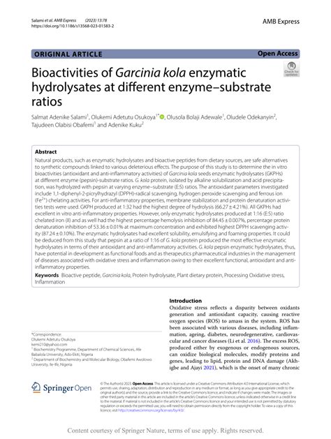 Pdf Bioactivities Of Garcinia Kola Enzymatic Hydrolysates At Different Enzyme Substrate Ratios