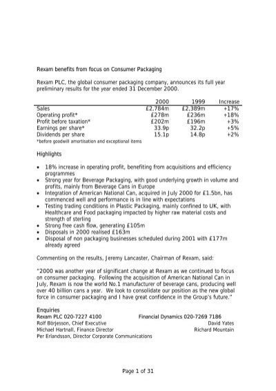 Page 1 Of 31 Rexam Benefits From Focus On Consumer Packaging