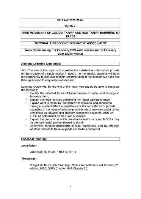 2023 2024 Tutorial Topic 7 Free Movement Of Goods Tariff And Non