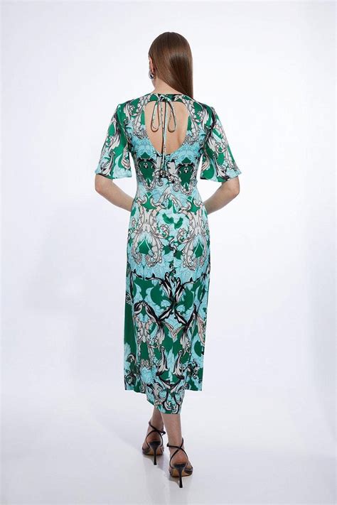 Karen Millen Mirrored Baroque Short Sleeve Midi Dress In Green Endource