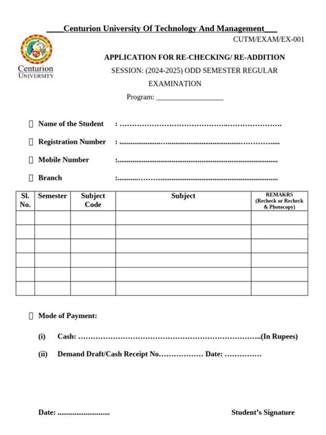 Odd Semester Rechecking Form Pdf