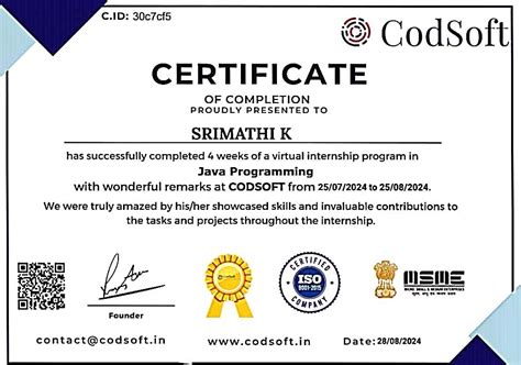 internship java codsoft srimathi kirthivasan
