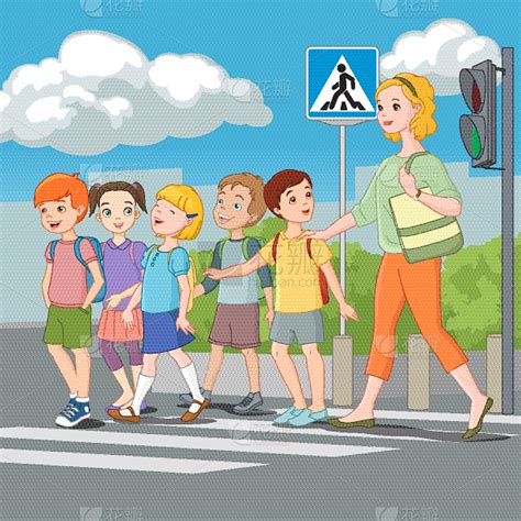 儿童路道口标志教师男孩斑马安全的交通图像人行横道