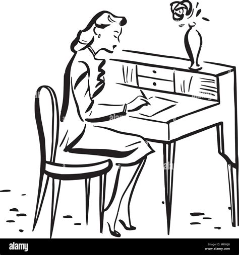 Lady Writing At Desk Retro Clipart Illustration Stock Vector Image