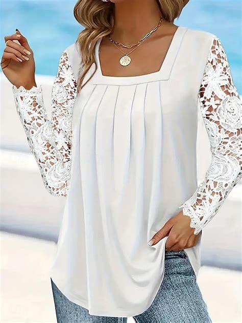 Womens White Elegant Lace Tops Eyelet Blouse Casual Solid Color Lace