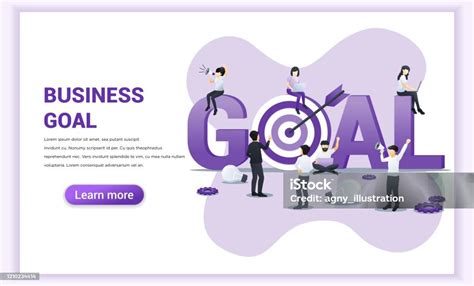 비즈니스 목표 개념 설계 사람들은 일하고 앉아서 큰 Goal 기호 근처에 서 있습니다 화살표로 대상 목표 목표 달성에 도달합니다 플랫 벡터 일러스트레이션 겨냥에 대한 스톡