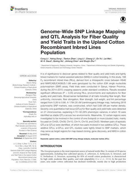 Pdf Genome Wide Snp Linkage Mapping And Qtl Analysis For Fiber