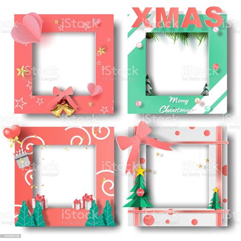 메리 크리스마스와 행복 한 새해 국경 프레임 사진 디자인 투명 배경에 설정 창조적 인 종이 접기 종이 컷과 공예 스타일 휴일 장식 기프트 카드 겨울 엽서 벡터 일러스트레이션