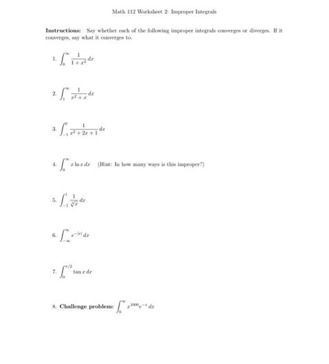 Solved Math 112 Worksheet 2 Improper Integrals