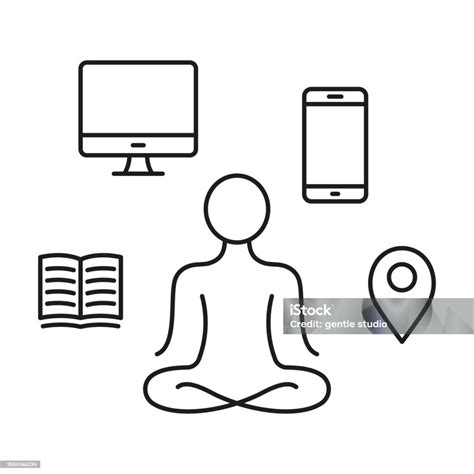 요가와 디지털 해독 라인 아이콘입니다 휴식 건강한 라이프 스타일 웰빙 선형 픽토그램 오프라인 사람 소셜 미디어 해독 개요 기호 편집 가능한 획 격리된 벡터 그림 Brand