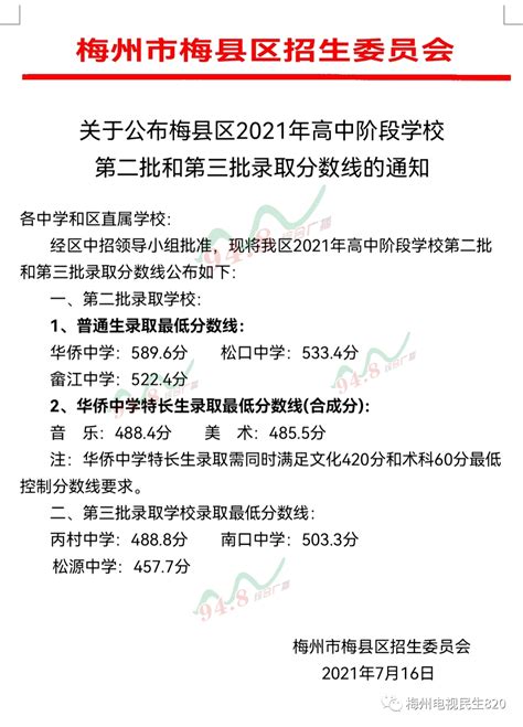 齐了！2021梅州中考二、三批学校录取分数线出炉！平远县