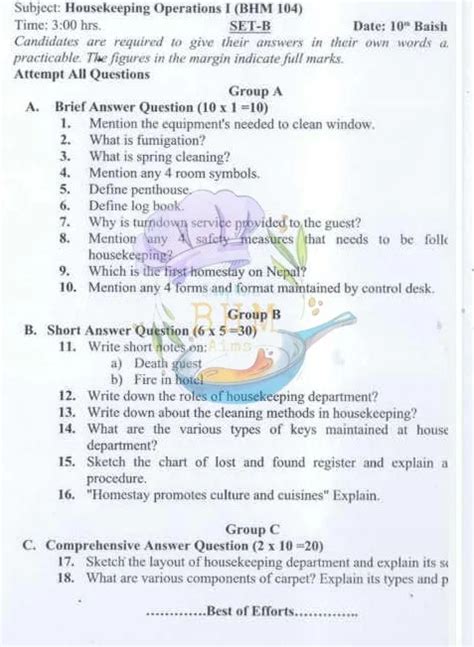 TU BHM 1st Semester Housekeeping Past Questions BhmAims