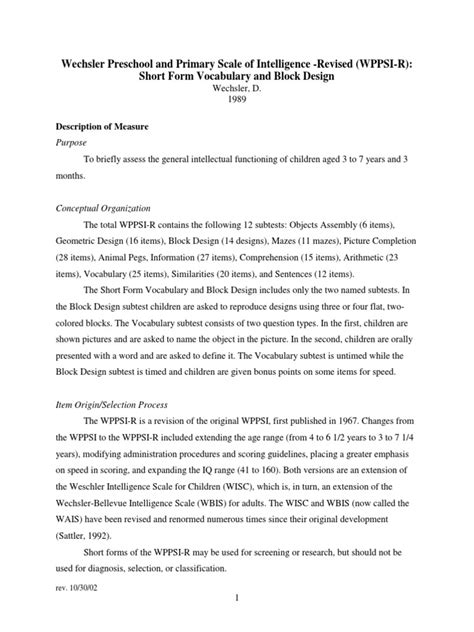 Wechsler Preschool And Primary Scale Of Intelligence Revised Wppsi R Short Form Vocabulary