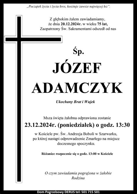 Śp Józef Adamczyk Aandw Derus Dom Pogrzebowy Tarnów Zakład Pogrzebowy