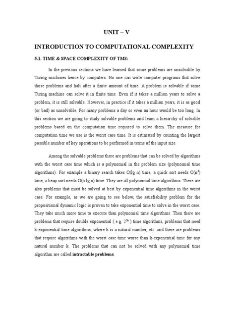 Unit V Introduction To Computational Complexity 51 Time And Space