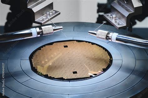 Machine Checking Silicon Wafers In Clean Room Laboratory Close Up Silicon Wafers And