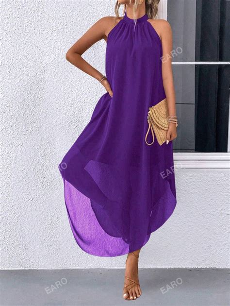 Women Halter Neck Summer Dress With Curved Hem Shein Usa