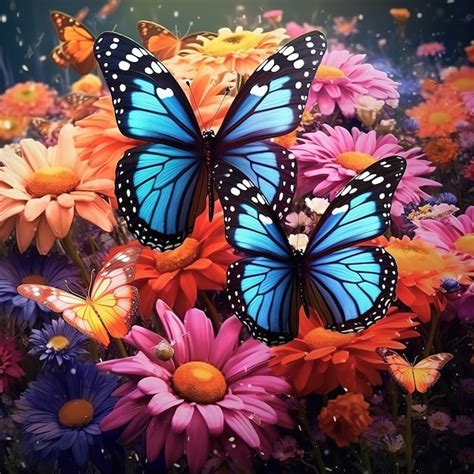 Una Mariposa De Colores Sobre Un Fondo Azul Foto Premium