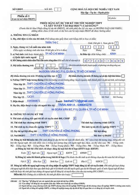 Hướng Dẫn điền Phiếu Đăng Ký Dự Thi Tốt Nghiệp Thpt Và Xét Tuyển đại