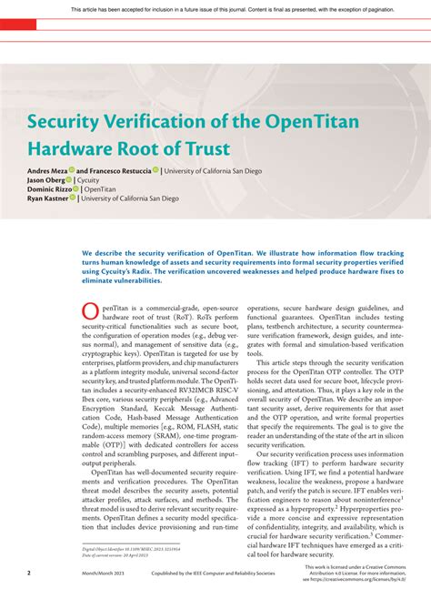 PDF Security Verification Of The OpenTitan Hardware Root Of Trust