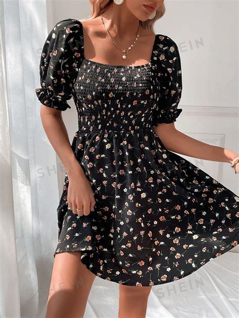 Shein Vcay Ditsy Floral Print Square Neck Puff Sleeve Dress Shein Uk