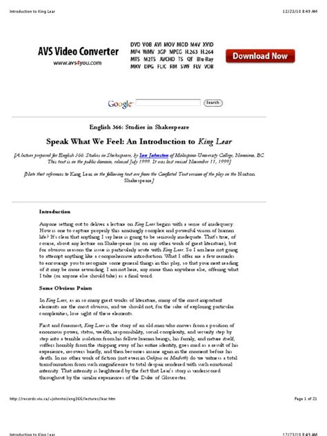 Introduction To King Lear Pdf King Lear Psychological Concepts