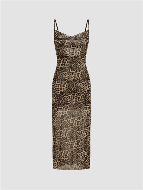 Mesh Cowl Neck Leopard Maxi Dress For Party Clubbing