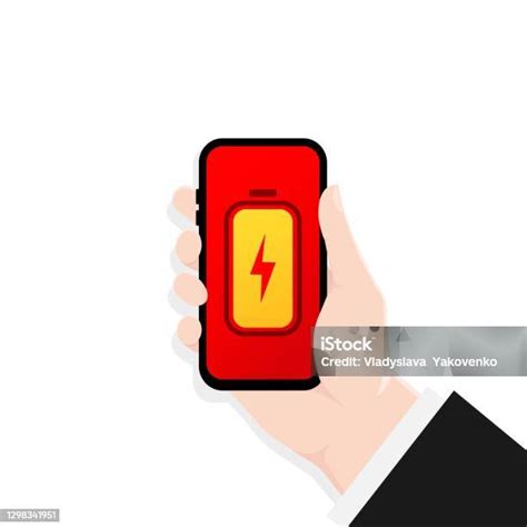 배터리 충전 화면이있는 핸드 폰을 들고 있습니다 배터리 충전 아이콘입니다 충전기 그림 충전시 스마트폰 플랫 파워 충전 경계