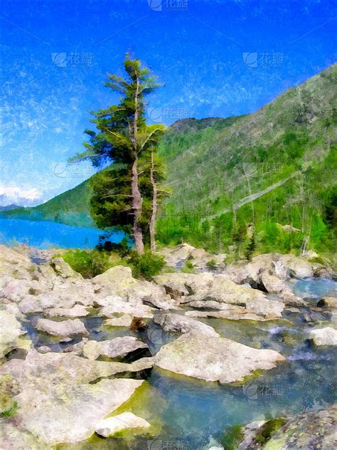 背景水彩画山川风景